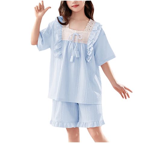 Cethrio Girls Cotton Pajama Sets Ruffled Summer Short Sleeve Soft