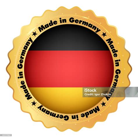 금빛 반짝이는 엠블럼 안에 깃발과 별이 있는 독일 배지로 제작되었습니다 검은 색 텍스트입니다 흰색 격리 된 배경에 스톡 벡터 그림 3차원 형태에 대한 스톡 벡터 아트 및