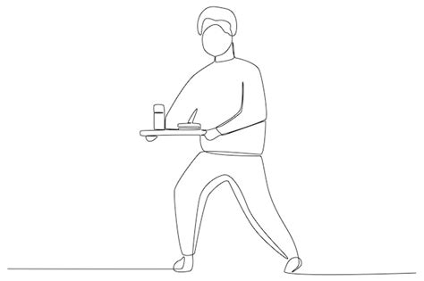 행복한 소년은 학교 한 줄 그리기에서 점심을 가져옵니다 프리미엄 벡터