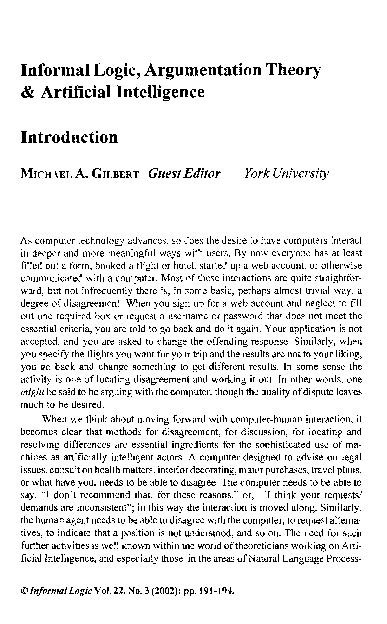 Pdf Informal Logic Argumentation Theory And Artificial Intelligence