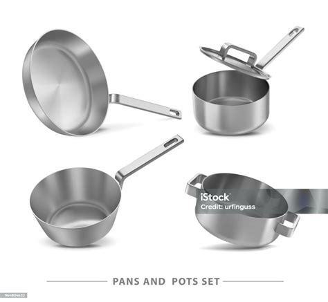 프라이팬과 냄비 현실적인 프라이팬 냄비로 설정 하 고 격리 된 벡터 일러스트 레이 션을 그릇 깨끗한에 대한 스톡 벡터 아트 및 기타 이미지 Istock