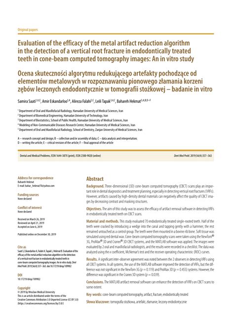 Pdf Evaluation Of The Efficacy Of The Metal Artifact Reduction Algorithm In The Detection Of A