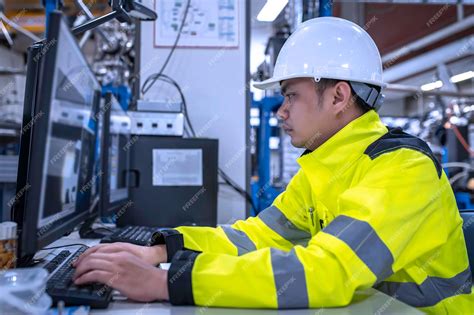 Premium Photo Inside The Large Industry Factory Female Computer Engineer Works On Personal
