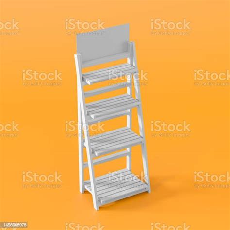 흰색 Pos Poi 골판지 바닥 디스플레이 랙 슈퍼마켓 빈 빈 디스플레이 선반 배열 주황색 배경에 선반 제품 격리 3d 렌더링 3차원 형태에 대한 스톡 사진 및 기타 이미지