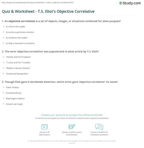 Quiz And Worksheet T S Eliots Objective Correlative