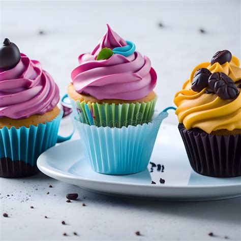 Tr O Dulce Tres Hermosos Pastelitos Con Ai Generador De Hielo Rosa Y Amarillo Stock De