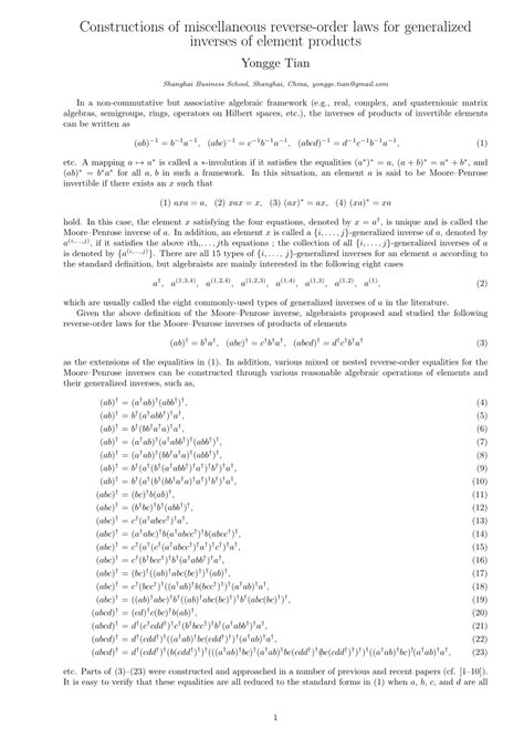 Pdf Constructions Of Miscellaneous Reverse Order Laws For Generalized Inverses Of Element