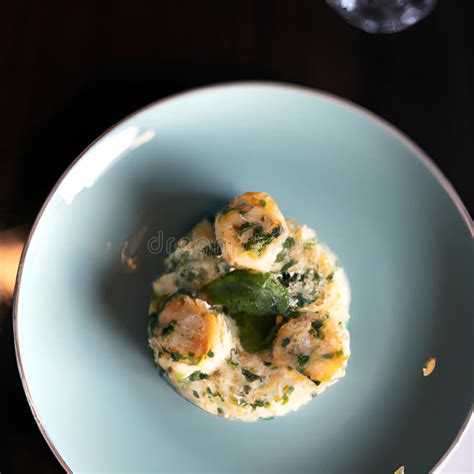 Seared Scallops With Basil Risotto Top View Stock Illustration