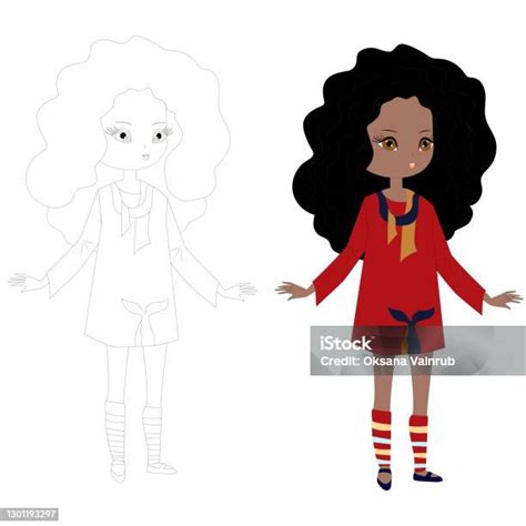 빨간 드레스를 입은 귀여운 아프리카계 미국인 소녀 벡터 그림입니다 색칠 공부를 위한 선형 도면입니다 Red Dress에 대한
