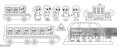 벡터 흑백 교통 세트는 아이들과 함께 설정됩니다 Funny Line School Bus 클립 아트 모음 운전사 학생 아이들을위한