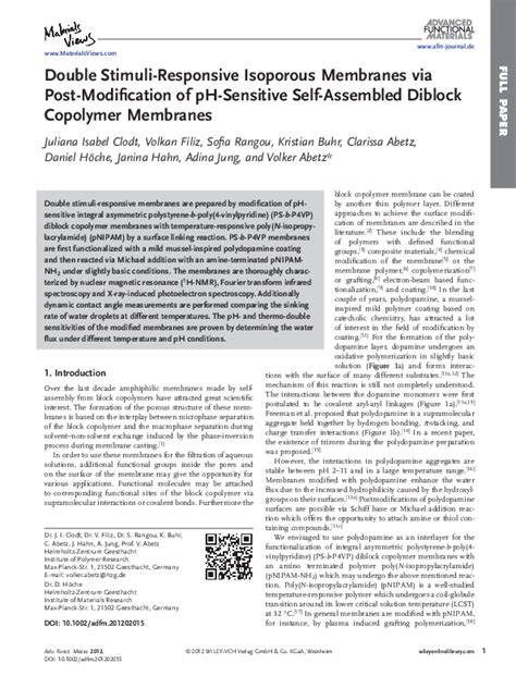 Pdf Double Stimuli Responsive Isoporous Membranes Via Post Modification Of Ph Sensitive Self