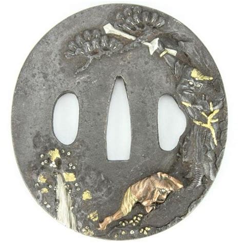 Shoki Tsuba With Demon Queller And Oni By Waterfall Zother Oriental
