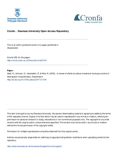 Pdf A Review Of Efforts To Reduce Membrane Fouling By Control Of Feed Spacer Characteristics