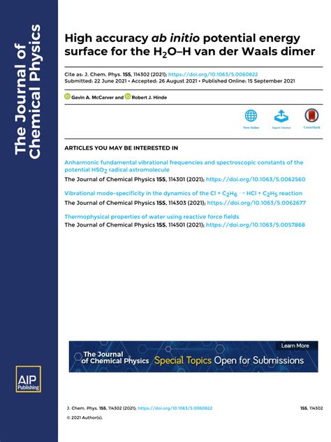 Pdf High Accuracy Ab Initio Potential Energy Surface For The H 2 Oh Van Der Waals Dimer