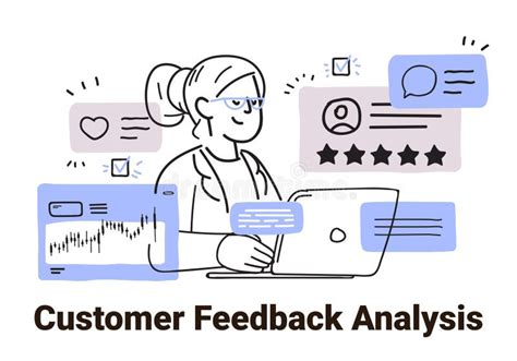Customer Feedback Analysis Concept Woman Analyzing Data On Laptop With Charts Stars Speech