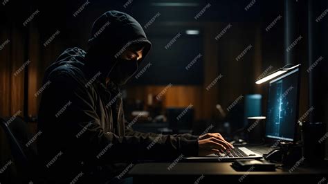 Hacker Usando Laptop No Escritório Escuro à Noite Homem De Capuz E Máscara Trabalhando No