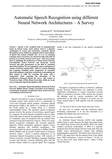 PDF Automatic Speech Recognition Using Different Neural Network Architectures A Survey