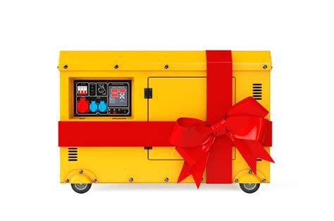빨간 선물 리본과 활을 가진 비상사태 사용을 위한 큰 노란 외부 보조 전력 발전기 디젤 엔진 3d 렌더링 가솔린에 대한 스톡