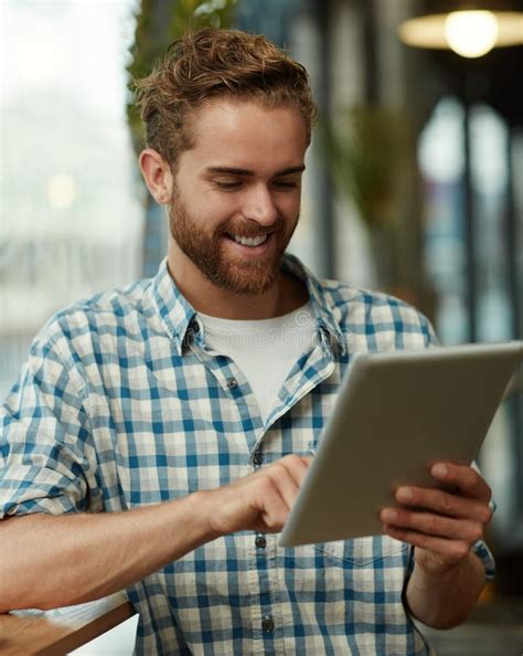 Tablet, Smile and Business Man Reading Email, Research or Scroll App in ...