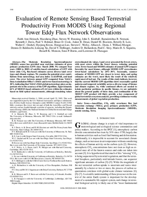 Pdf Evaluation Of Remote Sensing Based Terrestrial Productivity From Modis Using Regional