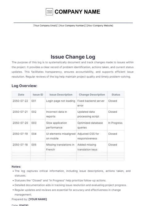 Free Change Log Templates Editable And Printable