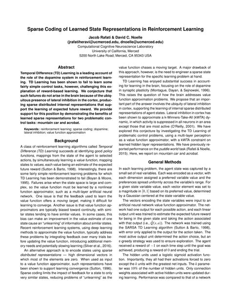PDF Sparse Coding Of Learned State Representations In Reinforcement Learning