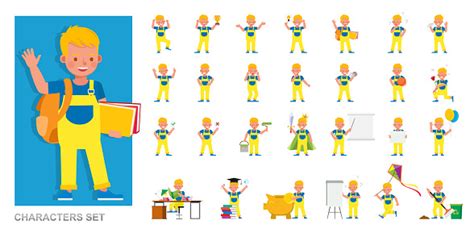 키드 캐릭터 벡터 디자인 세트 소년은 노란색 댄개리와 연주를 착용합니다 감정 달리기 서서 걷기와 함께 다양한 액션으로 프리젠 테이션 아이에 대한 스톡 벡터 아트 및 기타