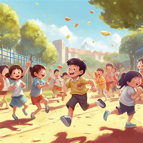 사랑에 함께 노는 아이들 학교 운동장에서 공부하는 재미 어린이 날 그림 프리미엄 사진