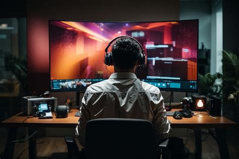 Premium AI Image Wide Angle Back View At Man Using Computer At Home Office With Modern Tech