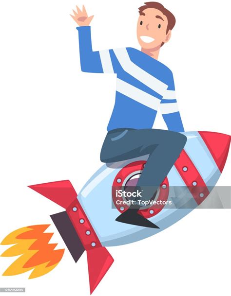 우주 로켓에 비행하고 그의 손을 흔들어 미소 젊은 남자 리더십 성취 경쟁 성공 개념 만화 스타일 벡터 일러스트 가공의 인물에 대한 스톡 벡터 아트 및 기타 이미지 Istock