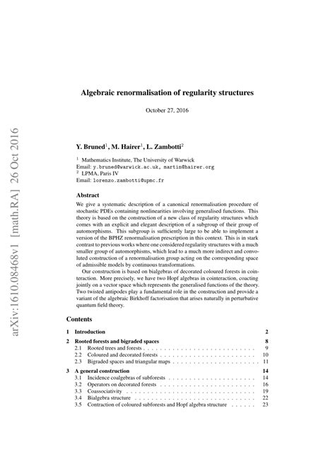 Pdf Algebraic Renormalisation Of Regularity Structures