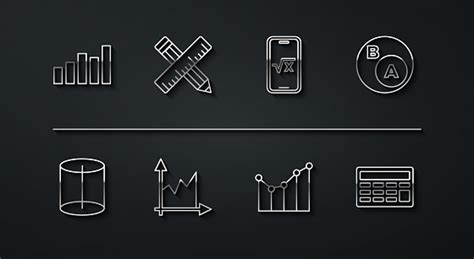 선 그래프 일정 차트 다이어그램 기하학적 그림 하위 집합 수학 B의 하위 집합 교차 자 및 연필 계산기 및 제곱근 X 글리프 아이콘 설정 벡터 0명에 대한 스톡 벡터 아트