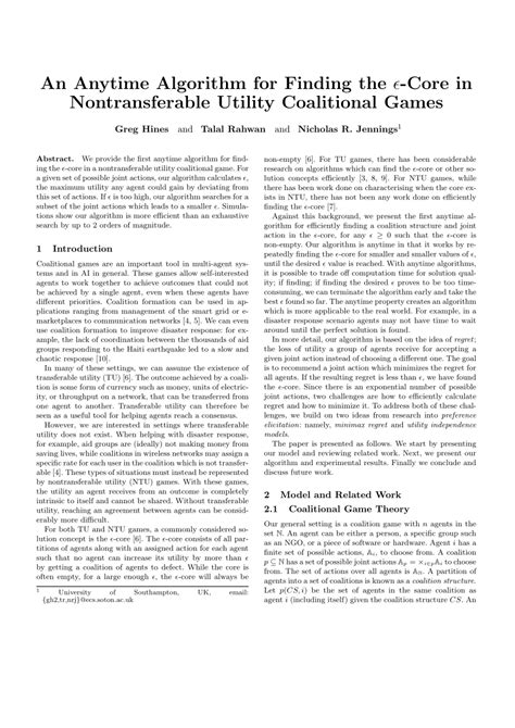 Pdf An Anytime Algorithm For Finding The Core In Nontransferable