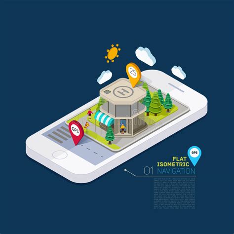 Flat Map Mobile Phone Gps Navigation 3d Isometric Concept Stock Vector