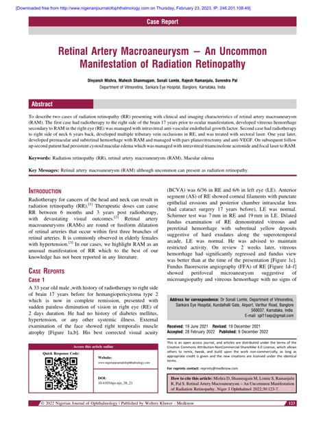 Pdf Retinal Artery Macroaneurysm − An Uncommon Manifestation Of Radiation Retinopathy
