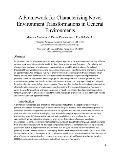 Pdf A Framework For Characterizing Novel Environment Transformations In General Environments