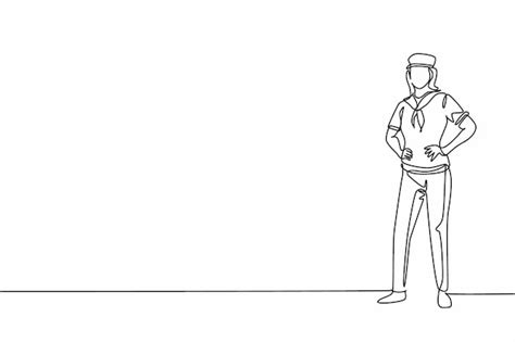 Единая непрерывная линия рисунка женщины моряка стоящей и держащейся за руки Профессиональная