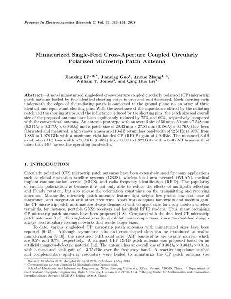 PDF Miniaturized Single Feed Cross Aperture Coupled Circularly Polarized Microstrip Patch Antenna