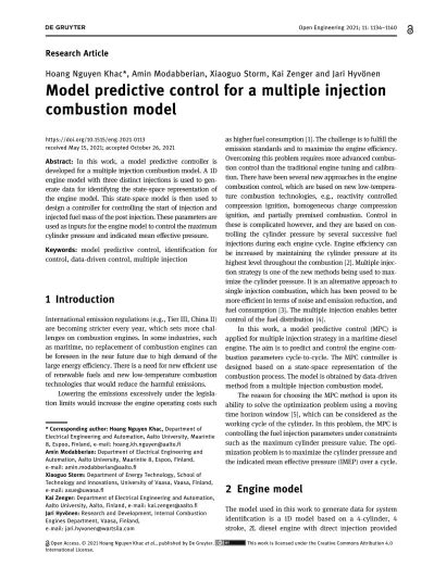 Model Predictive Control For A Multiple Injection Combustion Model