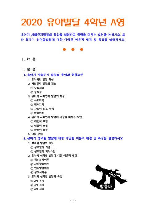 2020 유아발달4a 출처표기 유아기 사회인지발달의 특성을 설명하고 영향을 미치는 요인을 논하시오 또한 유아기 성역할발달에 대한 다양한 이론적 배경 및 특성을 설명하시오