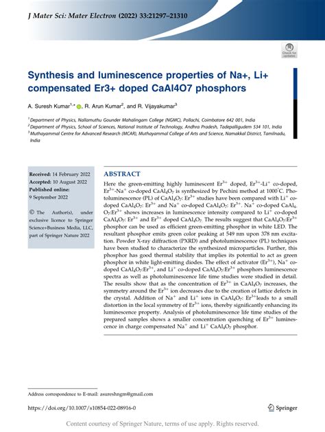 Synthesis And Luminescence Properties Of Na Li Compensated Er3 Doped Caal4o7 Phosphors