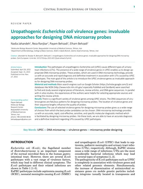 Pdf Uropathogenic Escherichia Coli Virulence Genes Invaluable Approaches For Designing Dna