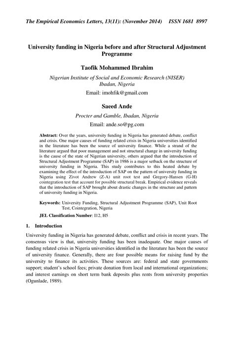 Pdf University Funding In Nigeria Before And After Structural