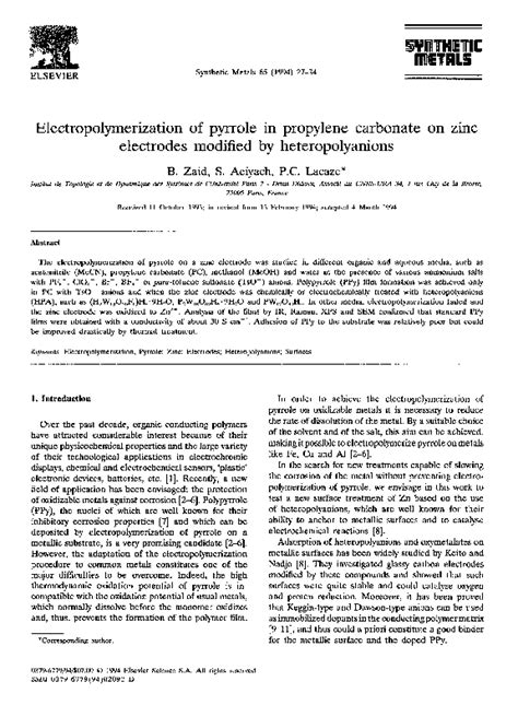 Pdf Pyrrole Electropolymerization On Zn Electrode