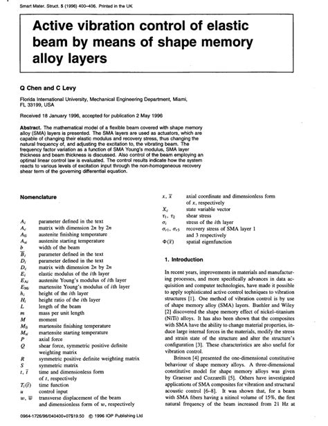 Pdf Active Vibration Control Of An Elastic Beam By Means Of Shape Memory Alloy Sma Layers