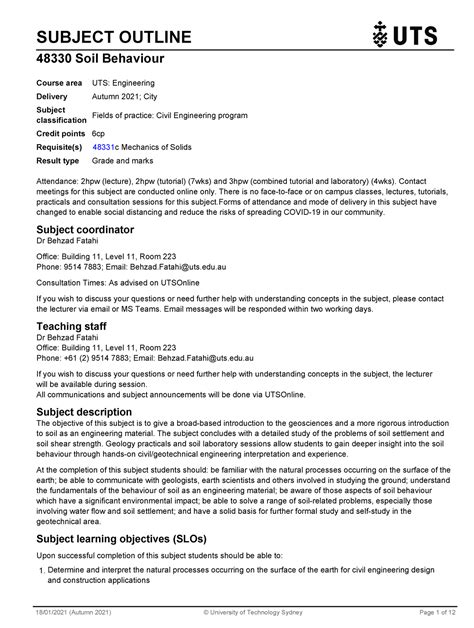UTS Autumn Soil Behaviour SUBJECT OUTLINE Soil Behaviour Attendance Hpw
