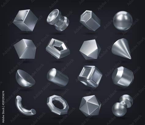 3d Silver Geometric Shapes Vector Cube And Cylinder Sphere And