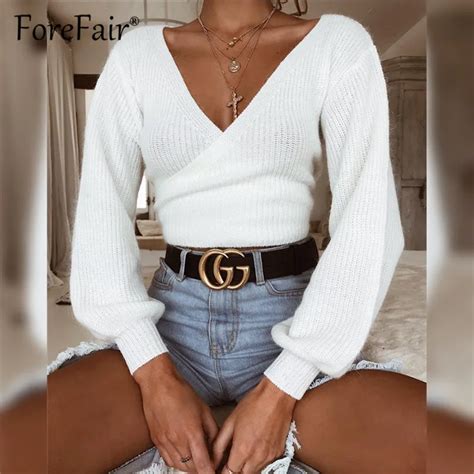 Forefair, зимний белый вязаный свитер и пуловеры, короткий топ для ...