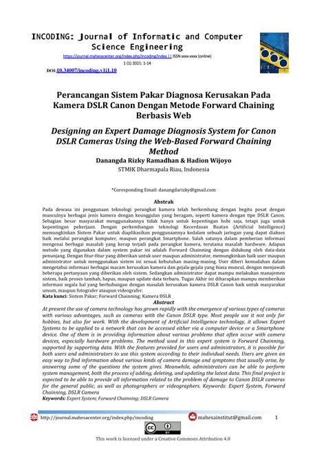 PDF Perancangan Sistem Pakar Diagnosa Kerusakan Pada Kamera DSLR Canon Dengan Metode Forward