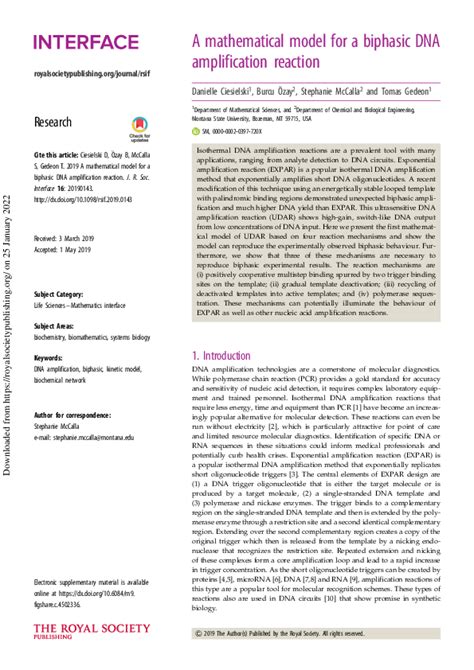 Pdf A Mathematical Model For A Biphasic Dna Amplification Reaction